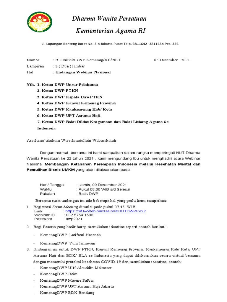Undangan Webinar HUT DWP Untuk DWP Kemenag Se - Indonesia | PDF