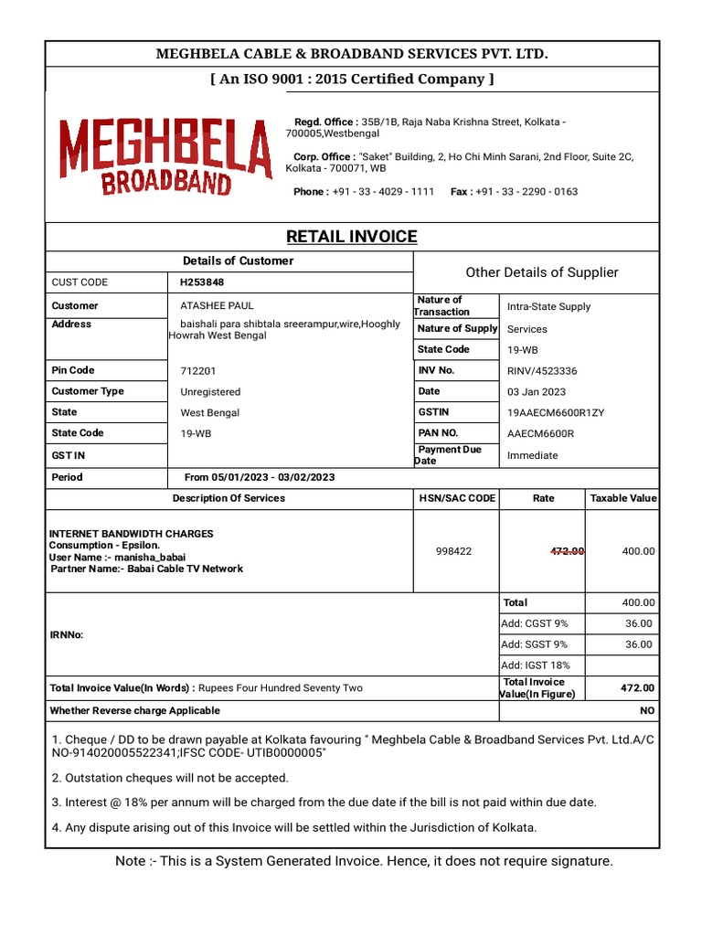 Details of internet bandwidth charges and tax invoice issued to retail ...