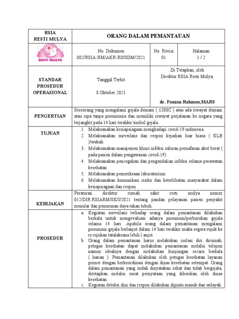 Prosedur Pemantauan COVID-19 RSIA Resti Mulya | PDF