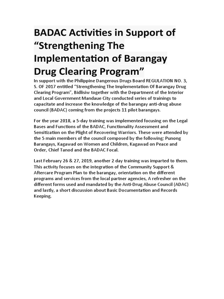 BADAC Training for Barangay Drug Clearing | PDF | Social Science