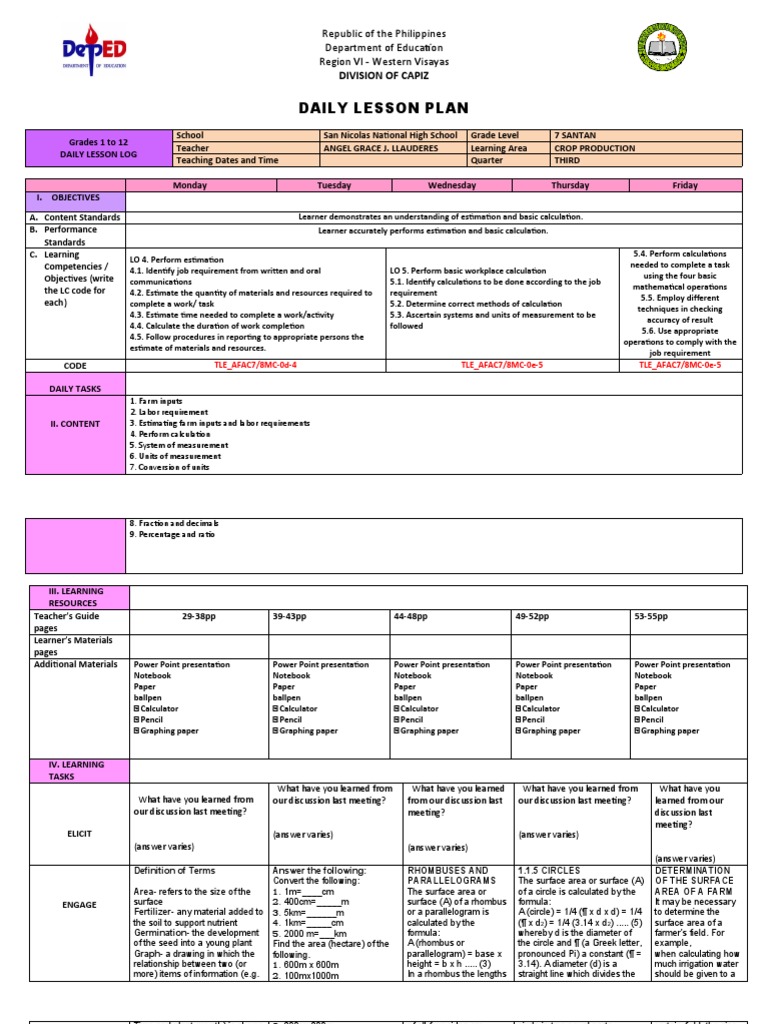 Tle - Lesson Plan | Download Free PDF | Area | Rectangle