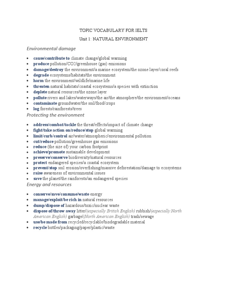Topic Vocabulary For Ielts - Environment | PDF
