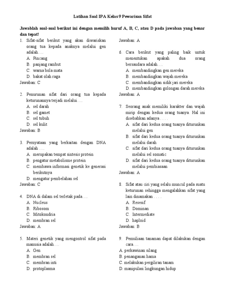 Latihan Soal IPA Kelas 9 Pewarisan Sifat | PDF