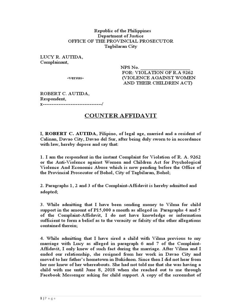 Sample COUNTER AFFIDAVIT-VAWC-INFIDELITY AS DEFENSE | PDF | Psychological Abuse | Adultery