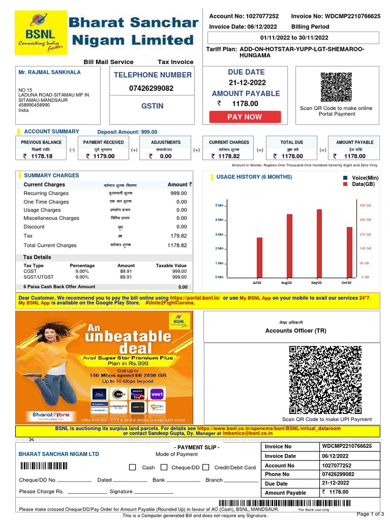 BSNL - DEC Bill | PDF | Cheque | Payments