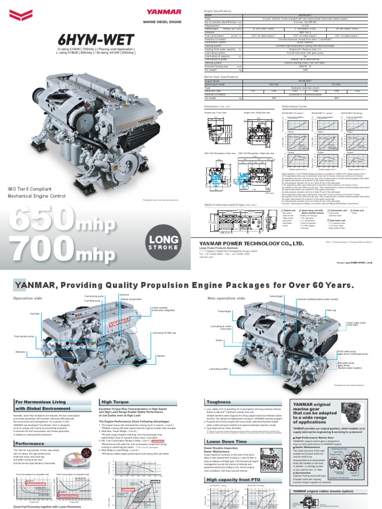 Specifications for the 6HYM-WET Marine Diesel Engine and Associated ...