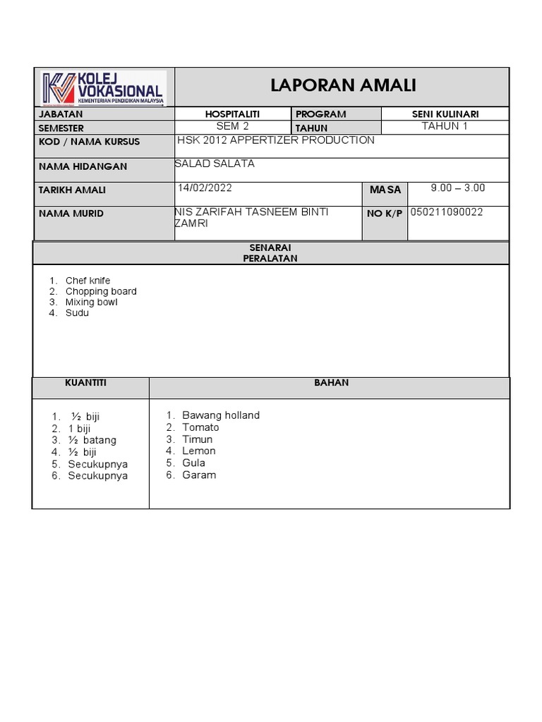 Laporan Amali Salad Salata Ifa | PDF