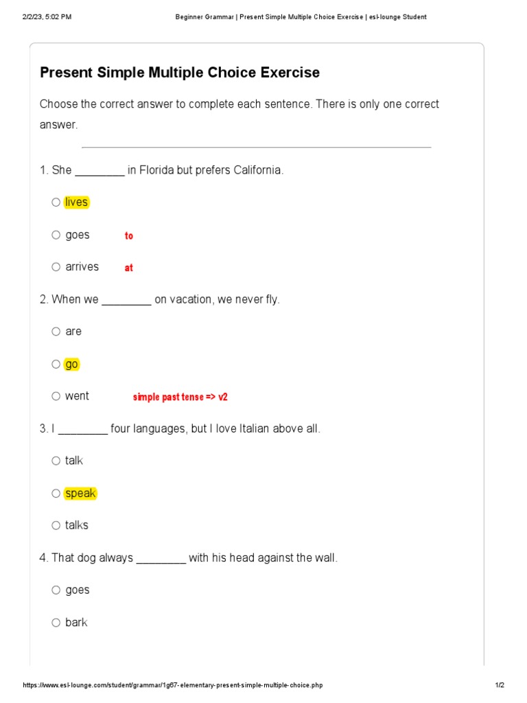 Beginner Grammar - Present Simple Multiple Choice Exercise - Esl-Lounge ...