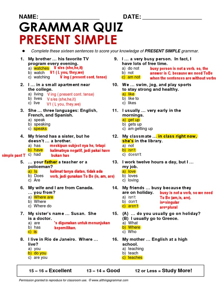 Atg Quiz Present Simple Pdf Linguistic Typology Linguistic Morphology