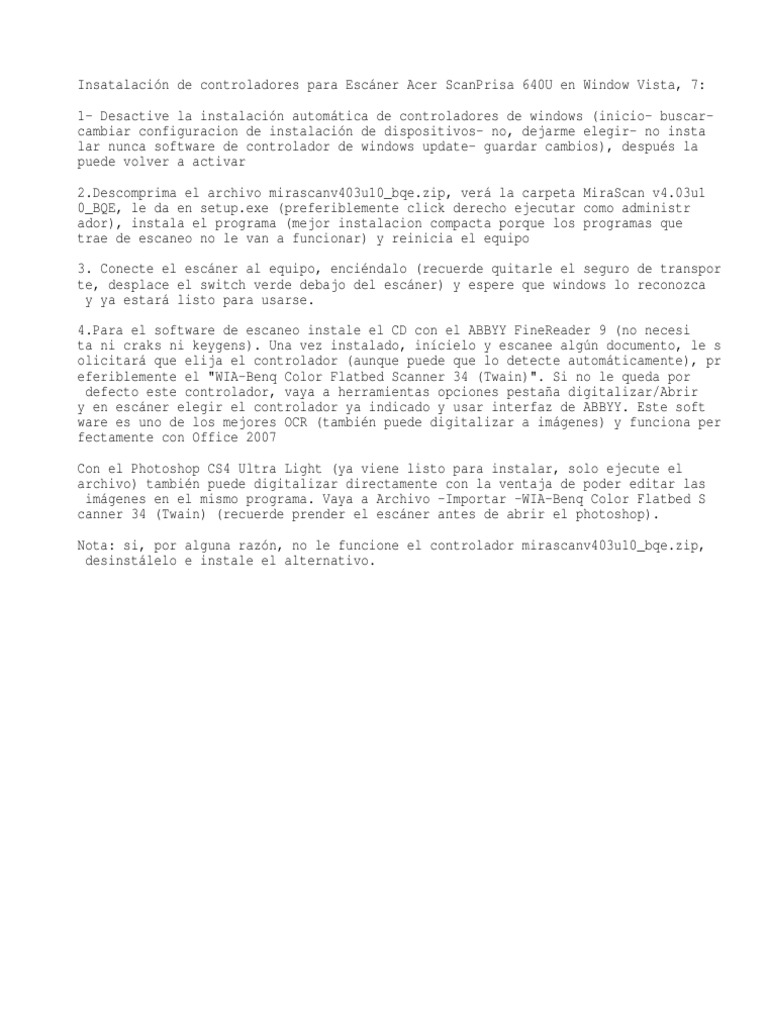 Instalación de Controladores Acer ScanPrisa | PDF