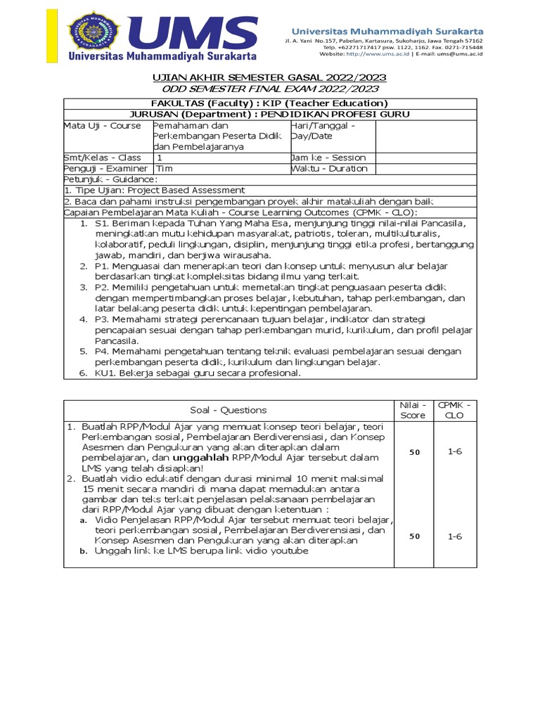 Soal UAS Pemahaman Dan Perkembangan Peserta Didik Dan Pembelajaranya | PDF