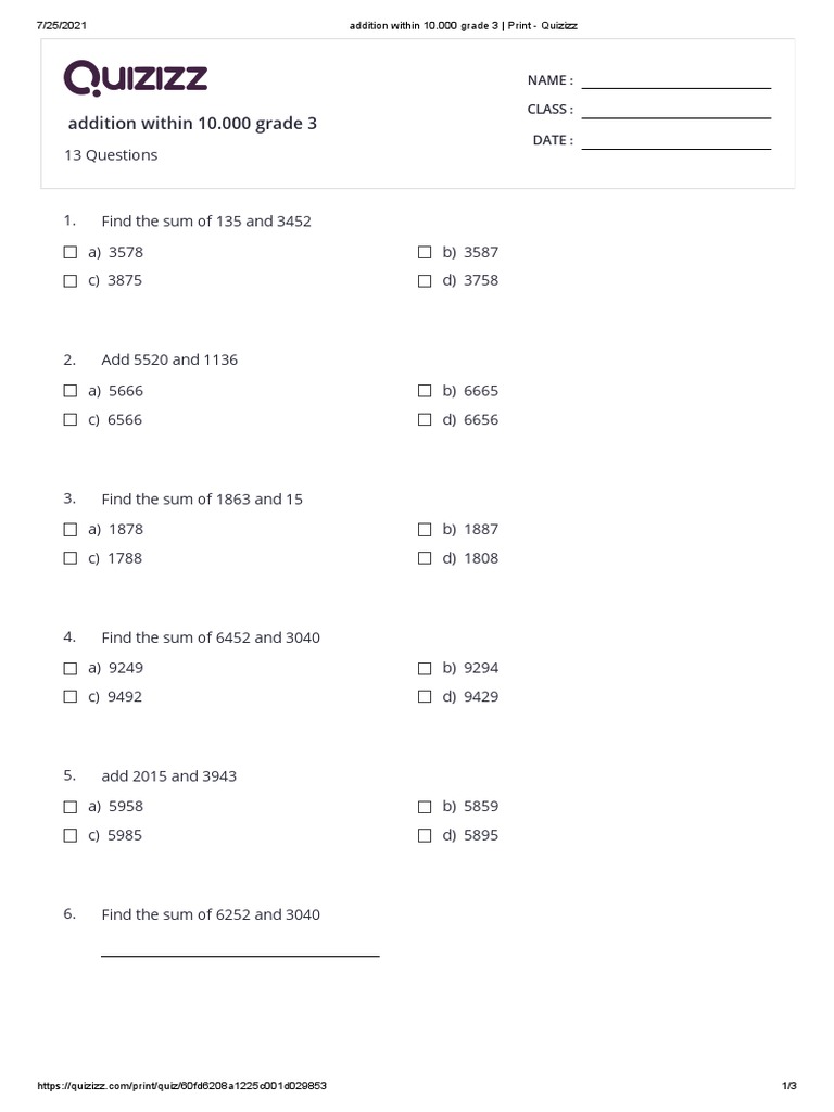 Addition Within 10.000 Grade 3 - Print - Quizizz | PDF