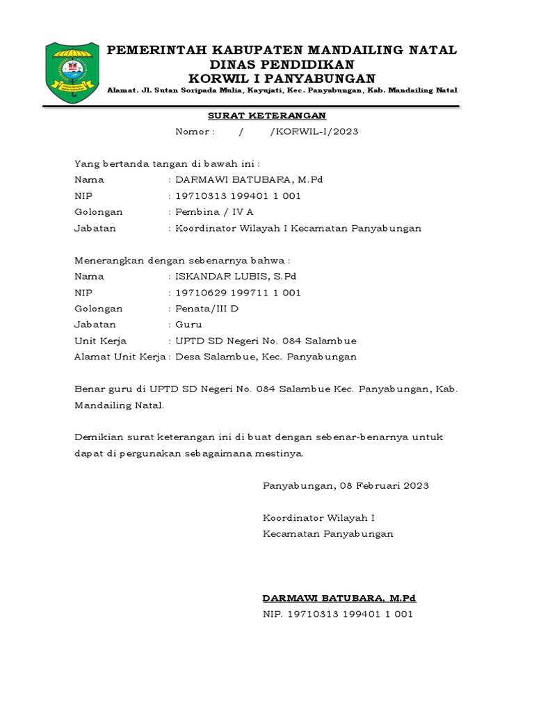 Surat Keterangan Guru Di Sekolah | PDF