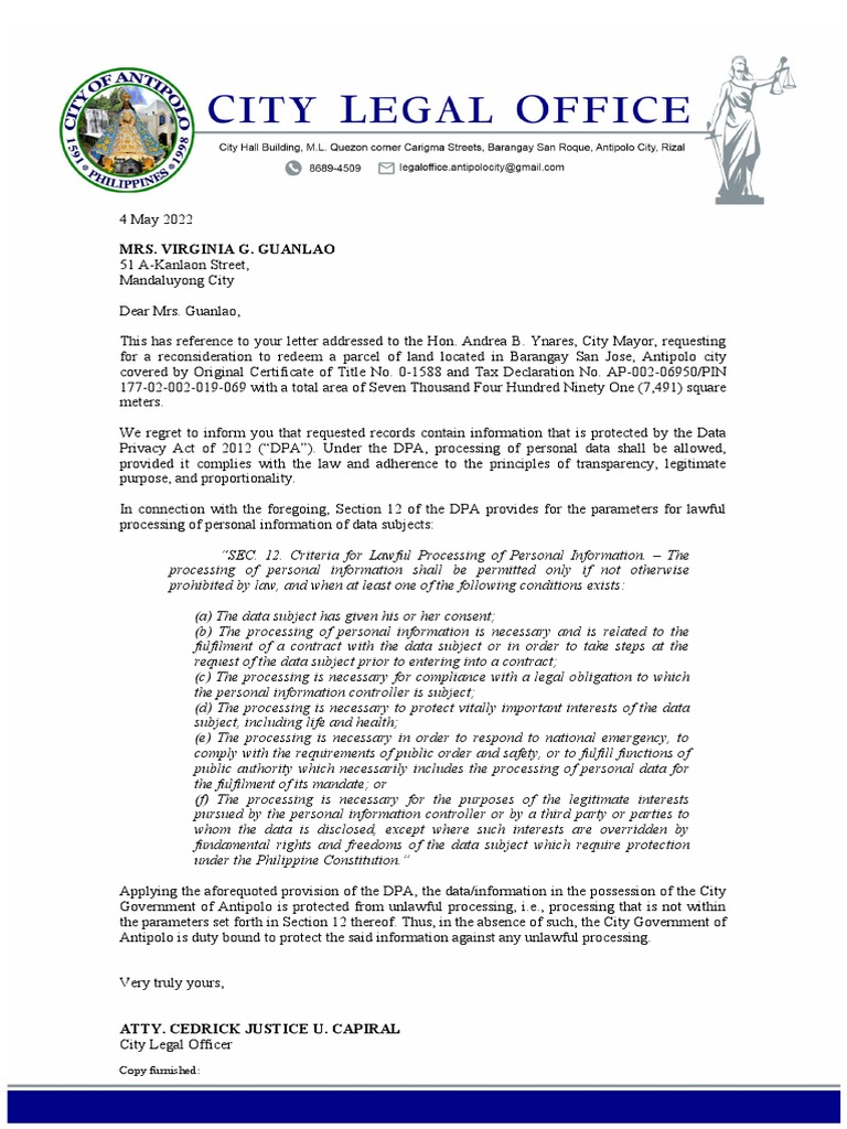 Letter To Ms. Guanlao Request To Redeem Her Property | PDF ...