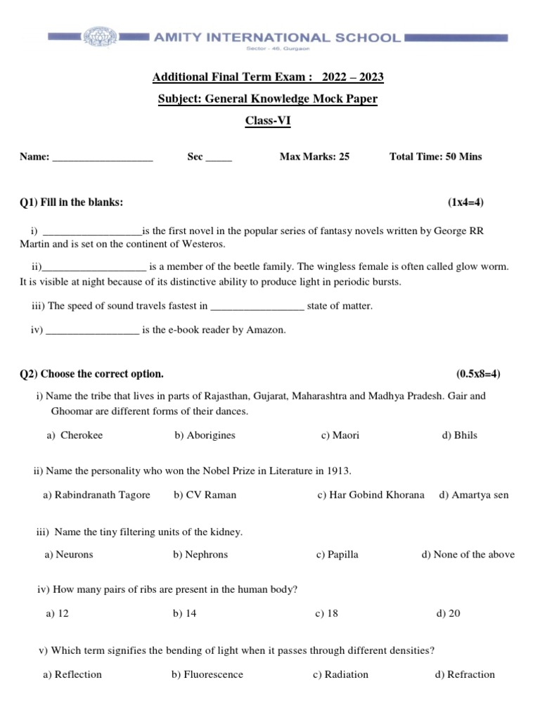 Class VI GK Mock Term 2 Paper | PDF