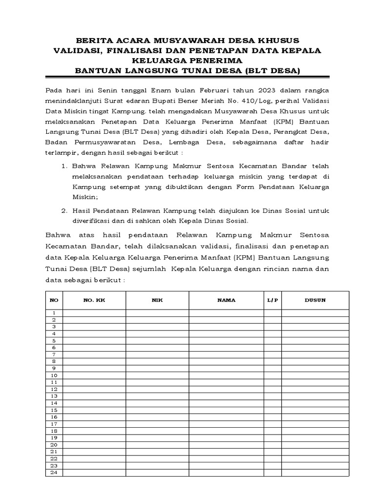 Berita Acara Penetapan BLT 2022 | PDF