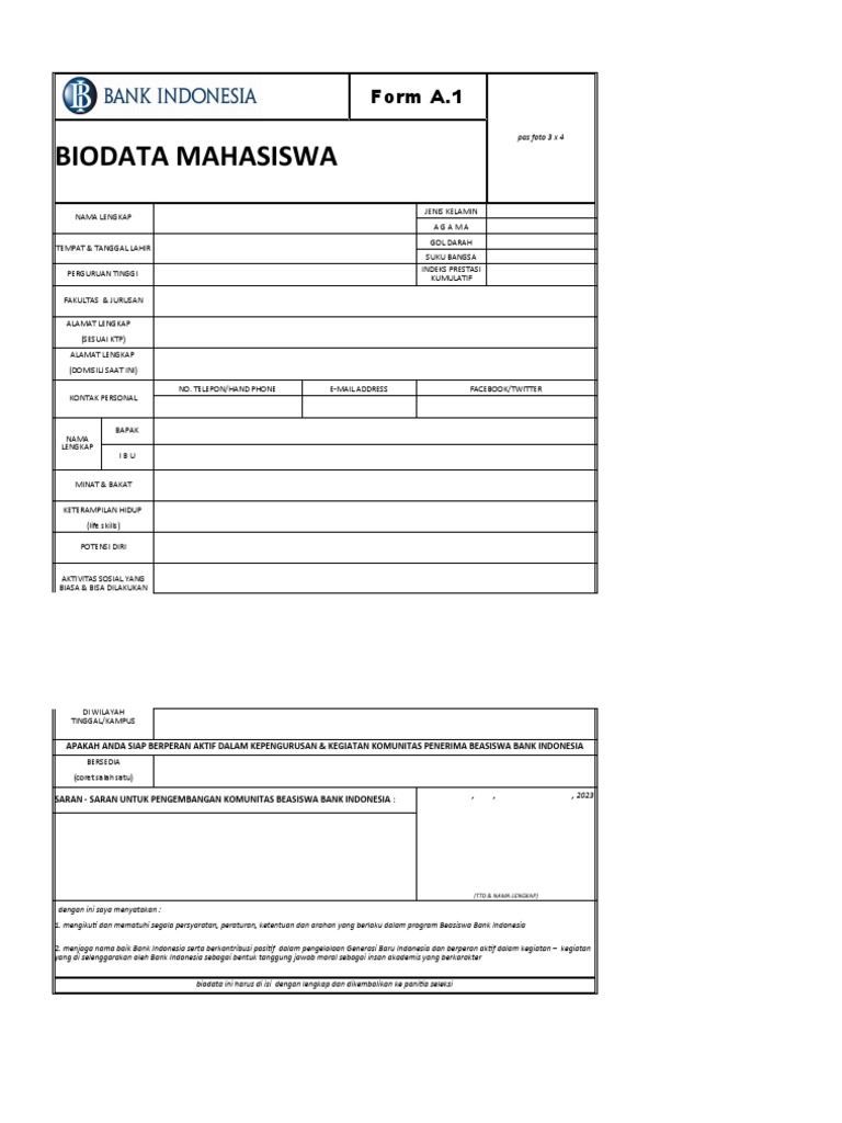 Biodata Mahasiswa Beasiswa BI | PDF