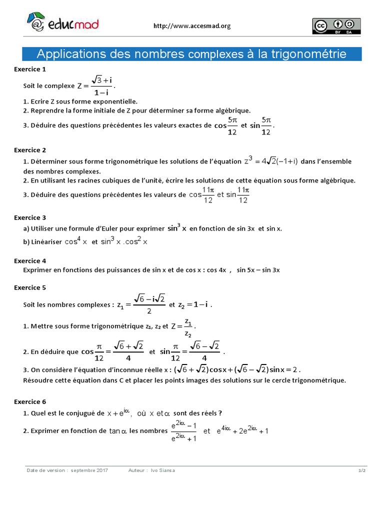 Applications Des Nombres Complexes A La Trigonometrie - Exos | PDF ...