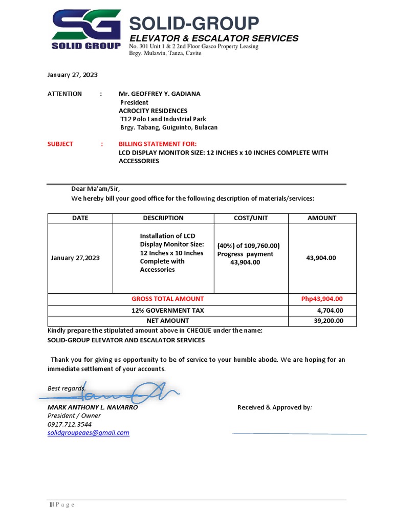 Billing Statement for LCD Monitor Installation | PDF