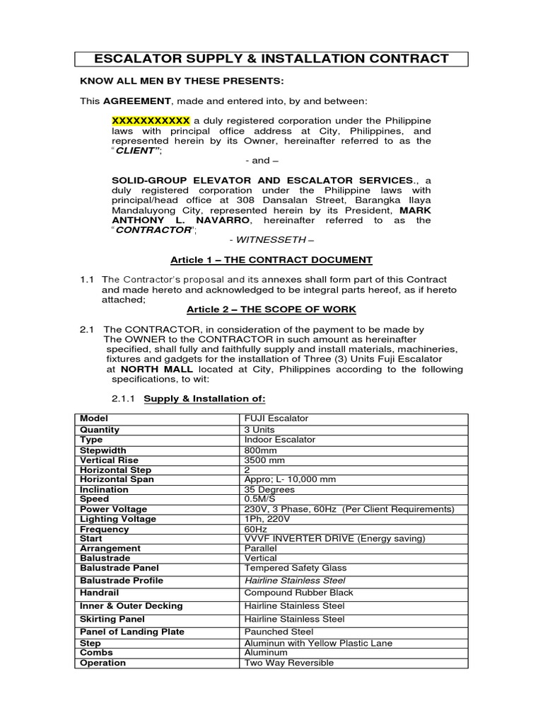 Elevator Installation Contract - 2022 - CNM | PDF