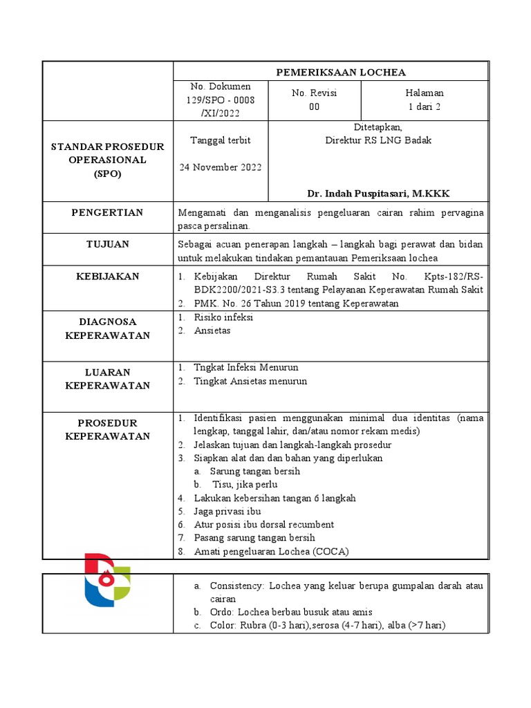 Prosedur Pemeriksaan Lochea Pasca Persalinan | PDF