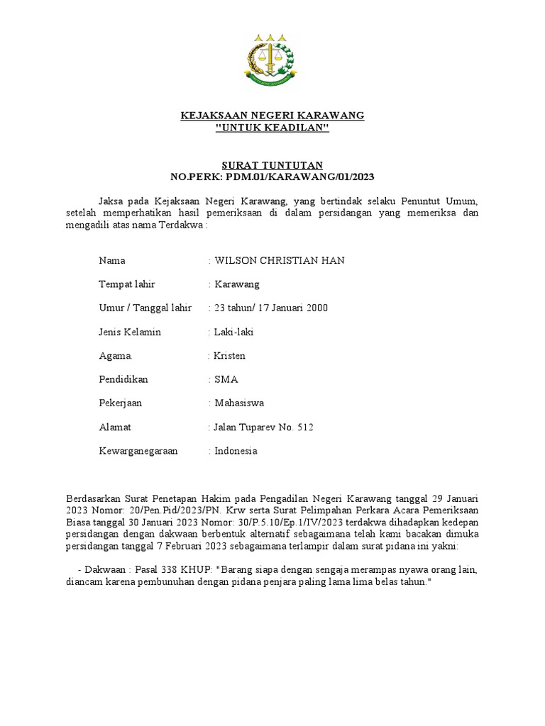Surat Tuntutan Pembunuhan Wilson Han | PDF