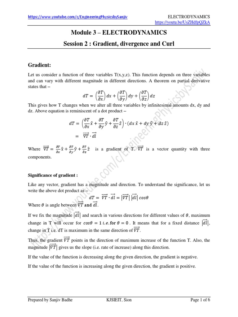 Electrodynamics (Gradient, Divergence and Curl) | PDF