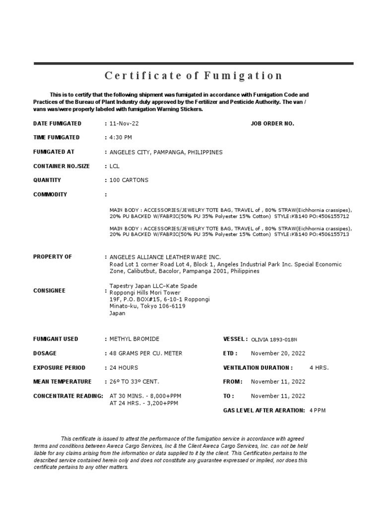 Draft Fumigation Certificate - SK226485001 | PDF