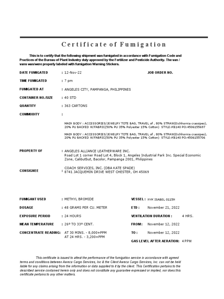 Draft Fumigation Certificate - sk226487001 | Download Free PDF ...