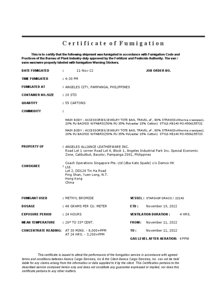 Fumigation Certificate for Shipment | PDF