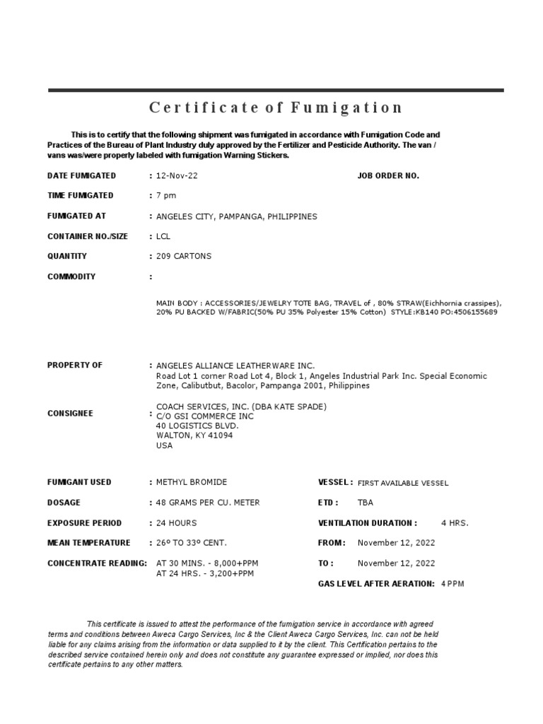 Draft Fumigation Certificate Sk226486001 Pdf