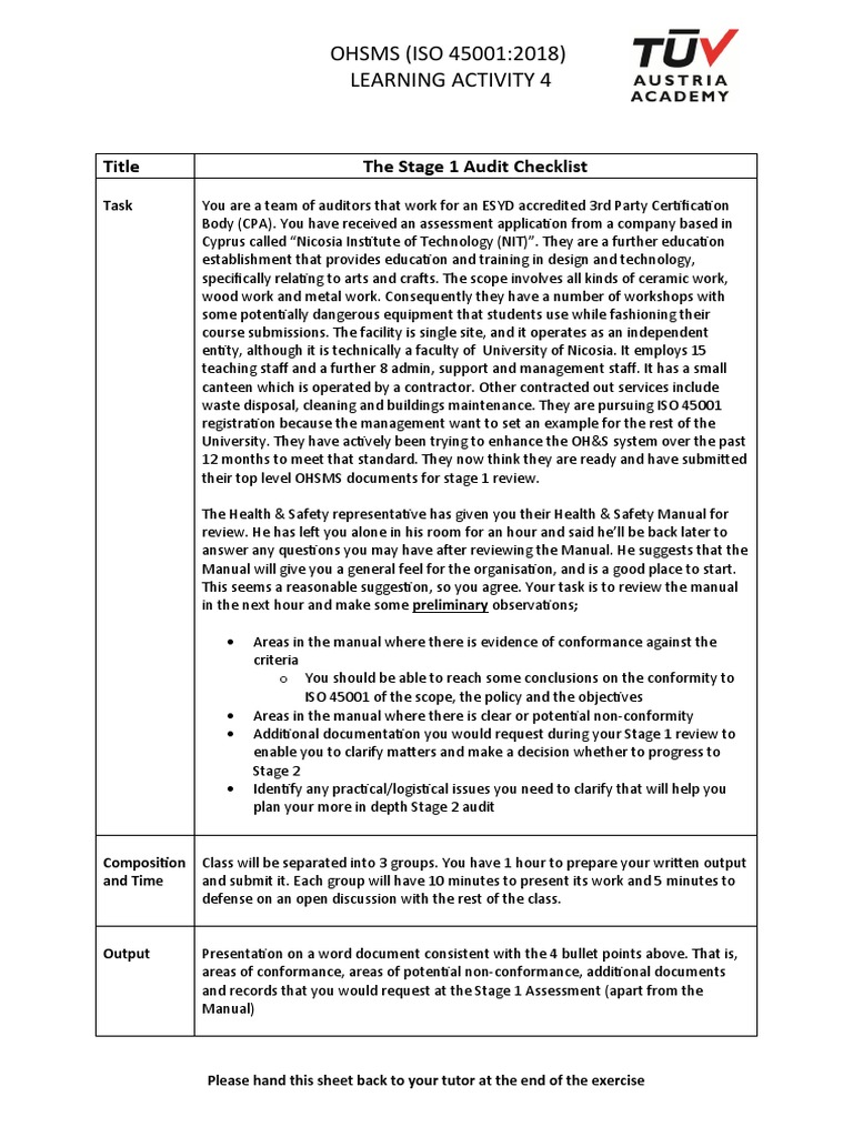 LA4 - Stage 1 Audit Checklist | PDF | Audit | Occupational Safety And Health