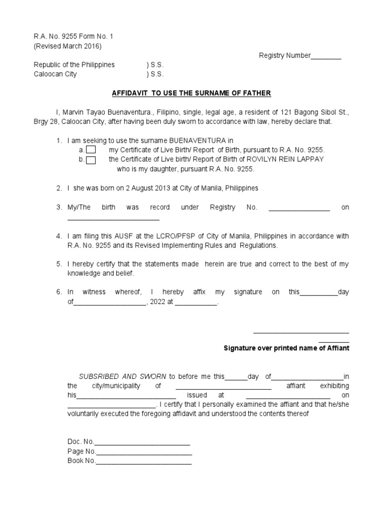 Affidavit To Use The Surname of Father | PDF