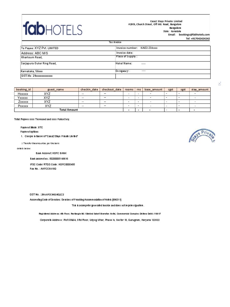 Casa2 Stays Invoice Template | PDF