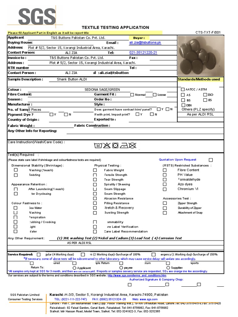 Textile Testing Application Form | PDF | Textiles | Secondary Sector Of ...