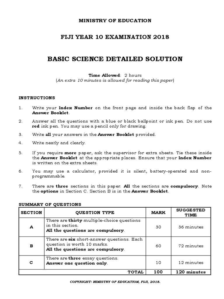 Basic Science Detailed Solution: Fiji Year 10 Examination 2018 | PDF | Blood | Metals