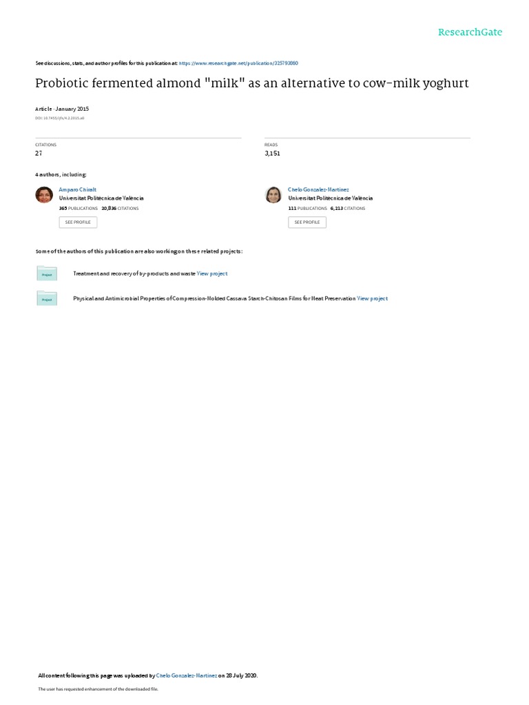 Probiotic Fermented Almond "Milk" As An Alternative To Cow-Milk Yoghurt ...