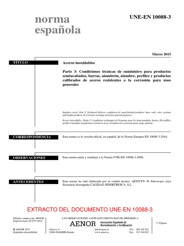 Norma UNE-EN 10088-3: Aceros inoxidables | PDF | Acero | Ciencias fisicas