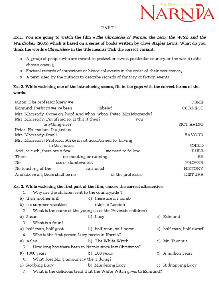 Narnia Film Worksheet and Quiz | PDF