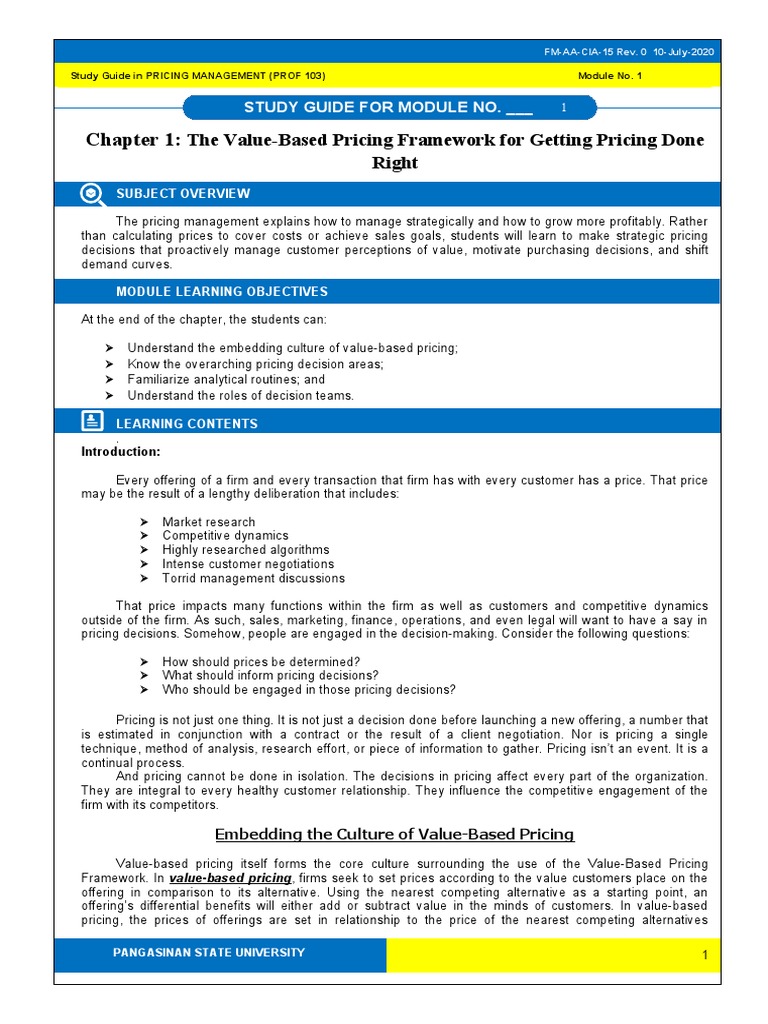 Study Guide Module 1 The Value Based Pricing Framework For Getting Pricing Done Right 1 | PDF ...