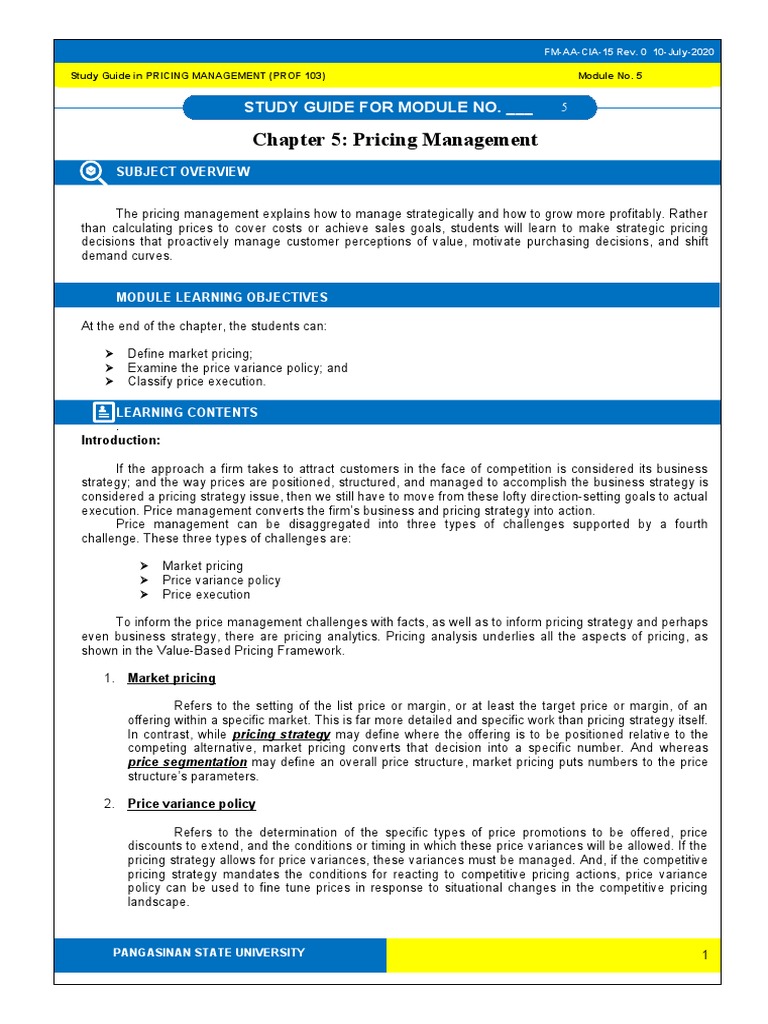Study Guide Module 5 Price Management | PDF | Pricing | Strategic ...