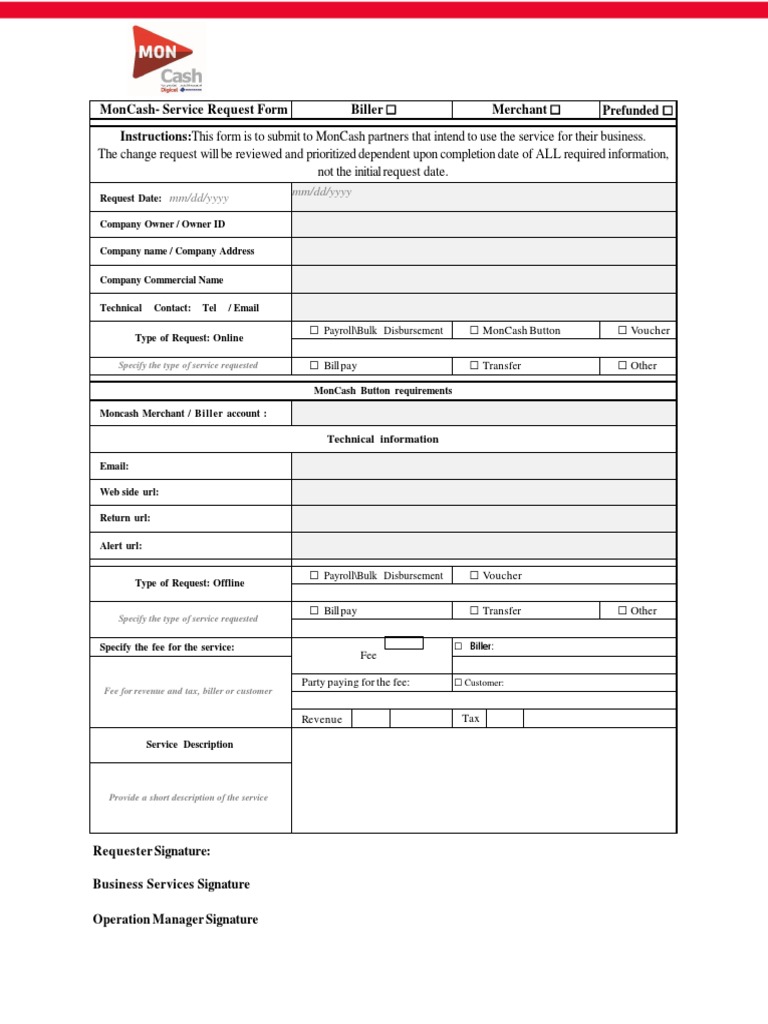 MonCash Business Service Request Form | PDF | Business | Finance ...