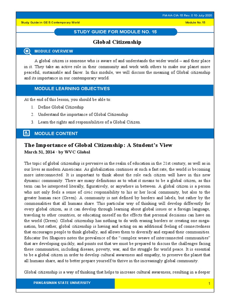 TCW Module 15 The Global Citizenship | PDF | Pollution | Citizenship