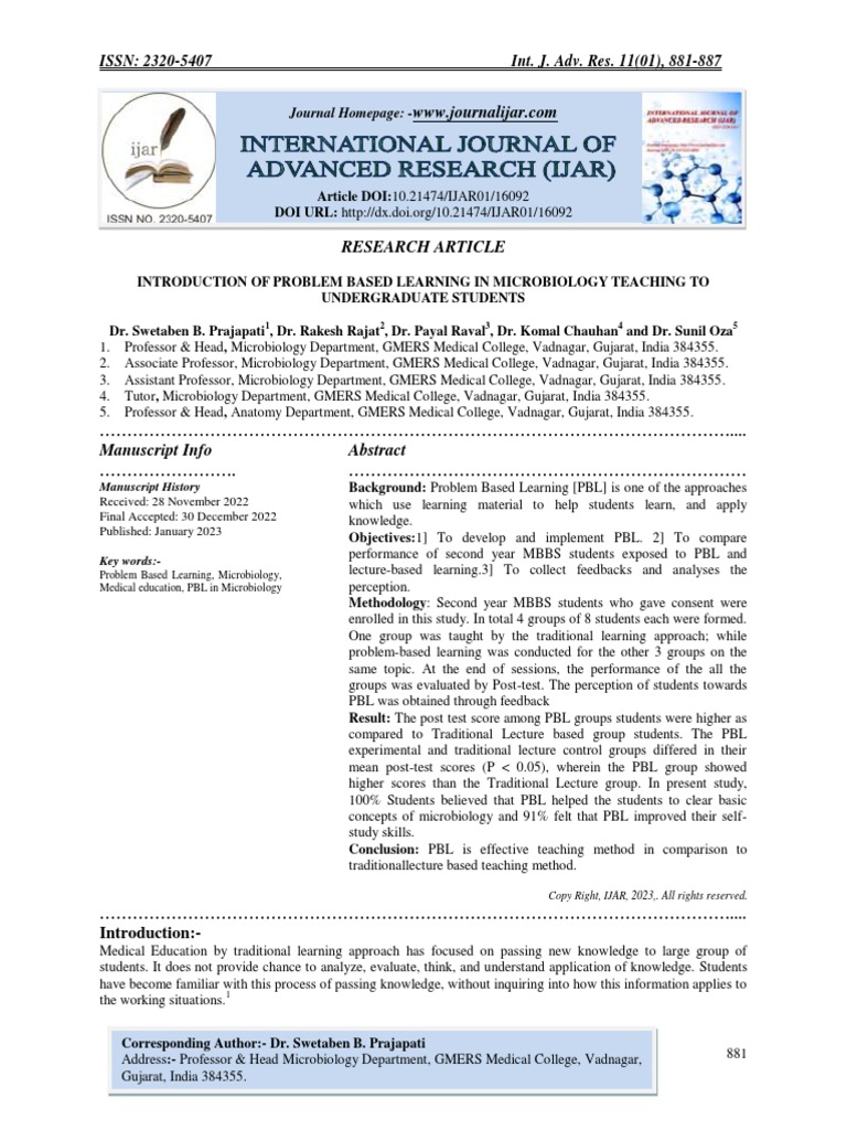 Introduction of Problem Based Learning in Microbiology Teaching To ...