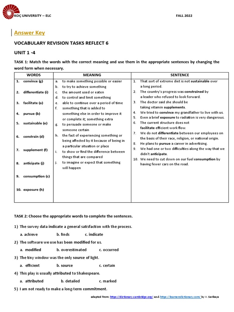 UI - Reflect 6 - Units 1-4 - Vocabulary Revision - AK | PDF