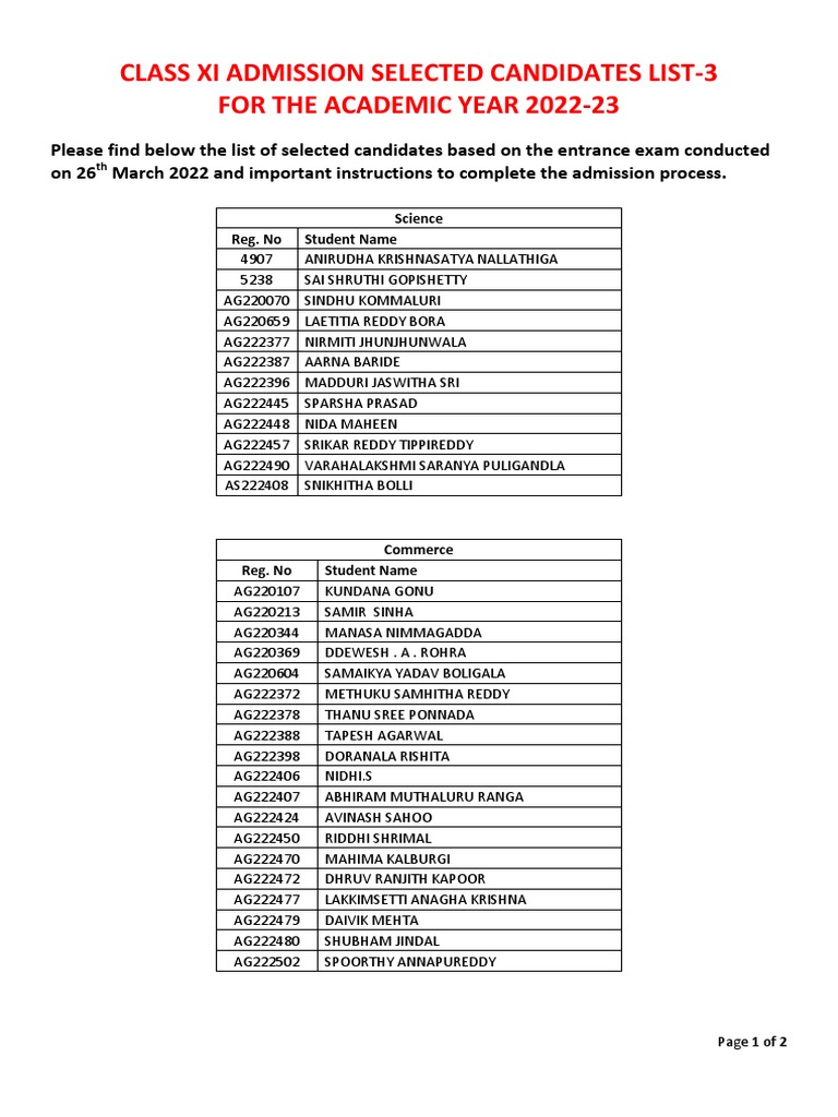 59.CLASS XI Admissions List III 2022 2023 | PDF