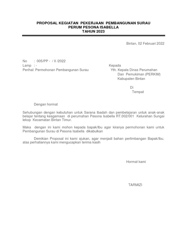 Proposal Kegiatan Pekejaan Pembangunan Surau Perum Pesona Isabella | PDF