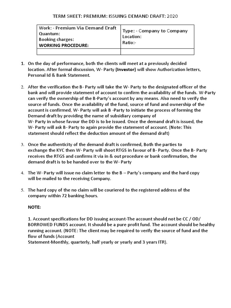 PREMIUM VIA DEMAND DRAFT TERM SHEET | PDF | Banks | Personal Finance