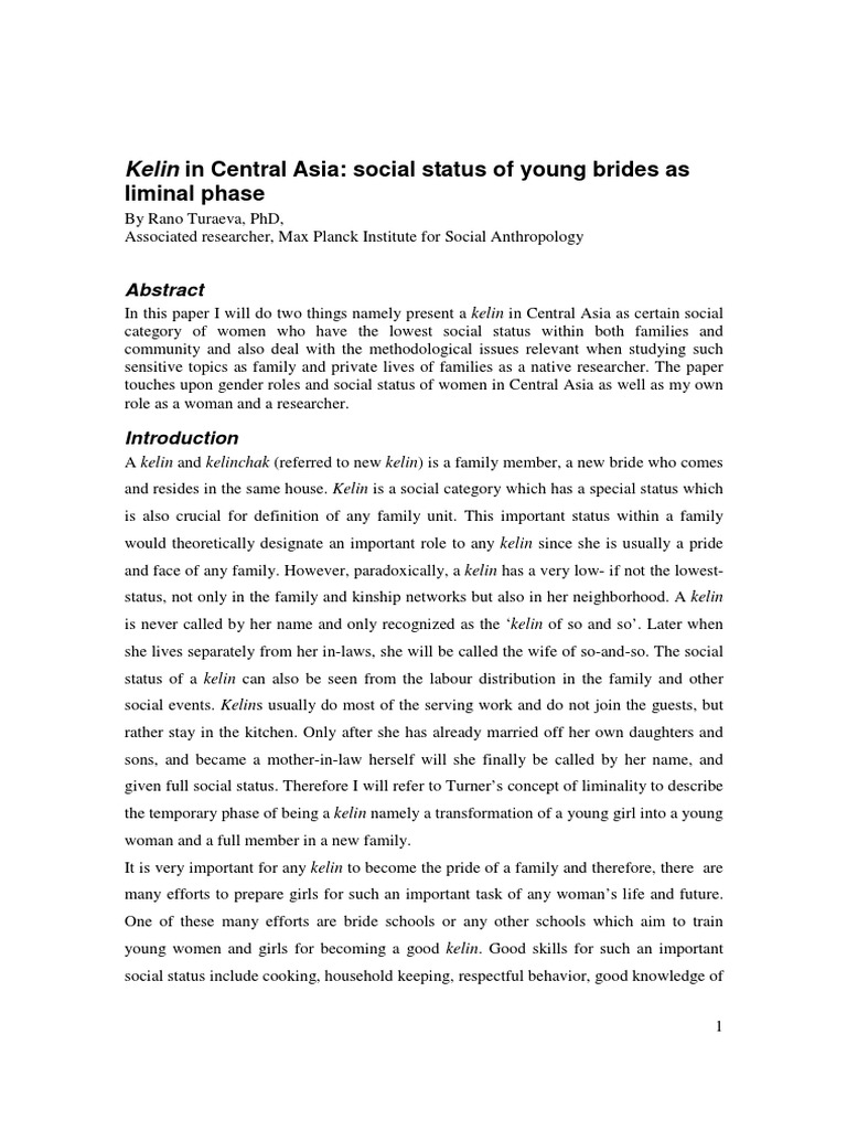 Kelin in Central Asia: Social Status of Young Brides As Liminal Phase ...