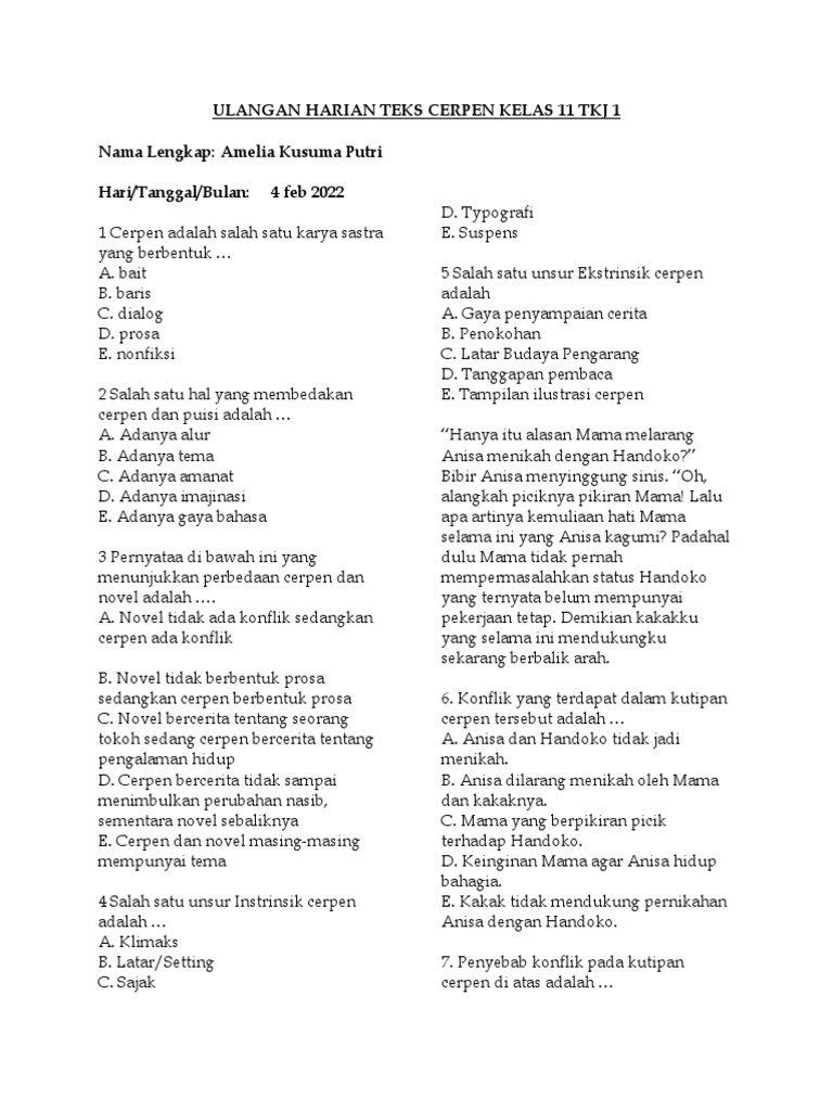 Ulangan Harian Teks Cerpen Kelas 11 TKJ 1 | PDF